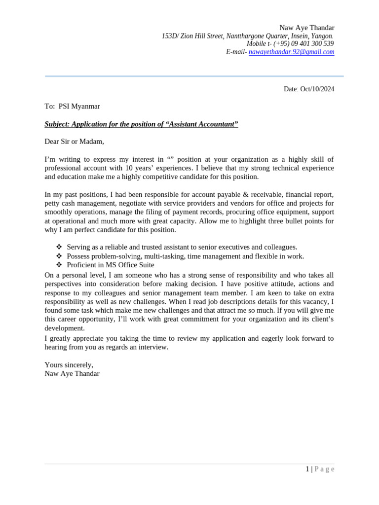 Cover Letter - Aye Thandar | PDF