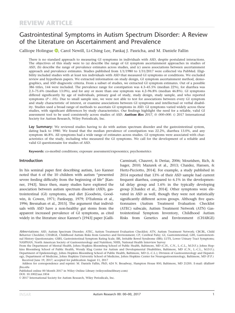 Gastrointestinal Symptoms in Autism Spectrum Disorder A Review 2017 ...