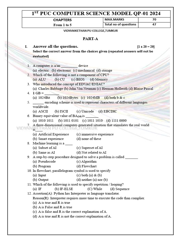 1ST Puc Computer Science Model QP-1 2024 | PDF | Algorithms | Input/Output