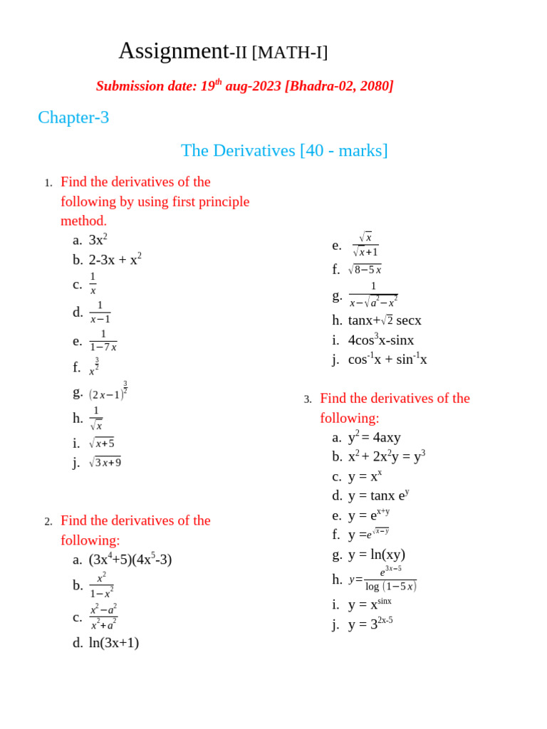Assignment-II (Derivative and Its Application) - 1691030146704 | PDF | Analysis | Mathematical ...