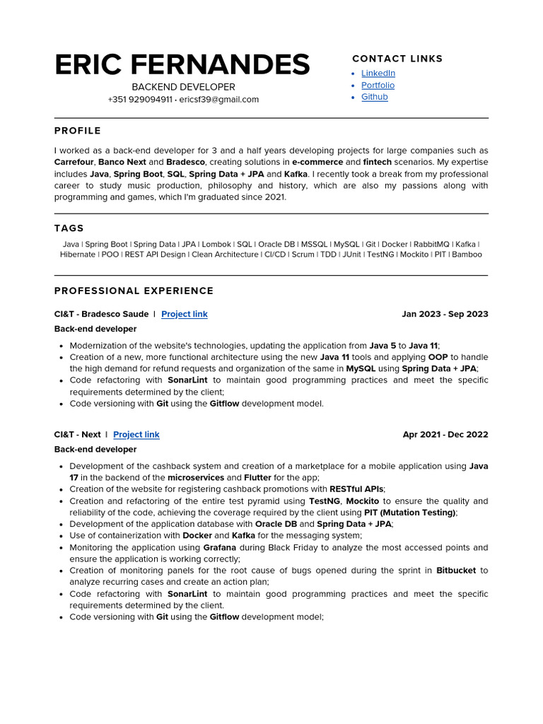 Eric Fernandes CV2024 ENG | PDF | Software Engineering | Computing
