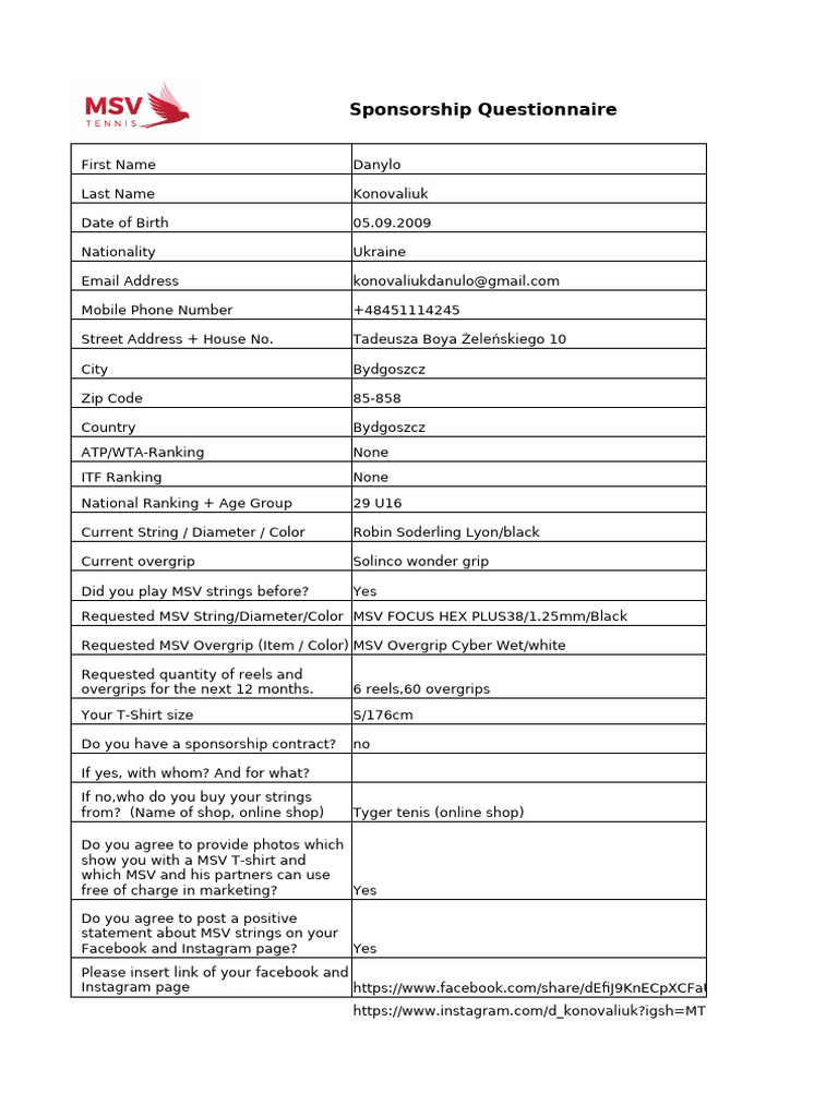 MSV Sponsorship Questionnaire | PDF