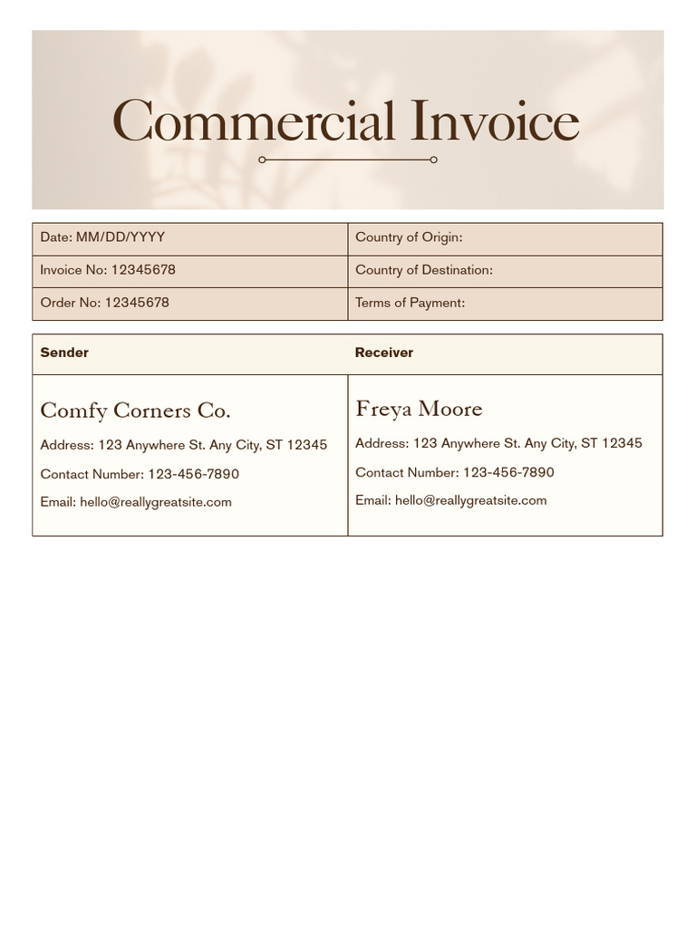 Commercial Invoice: Comfy Corners Co. Freya Moore | PDF