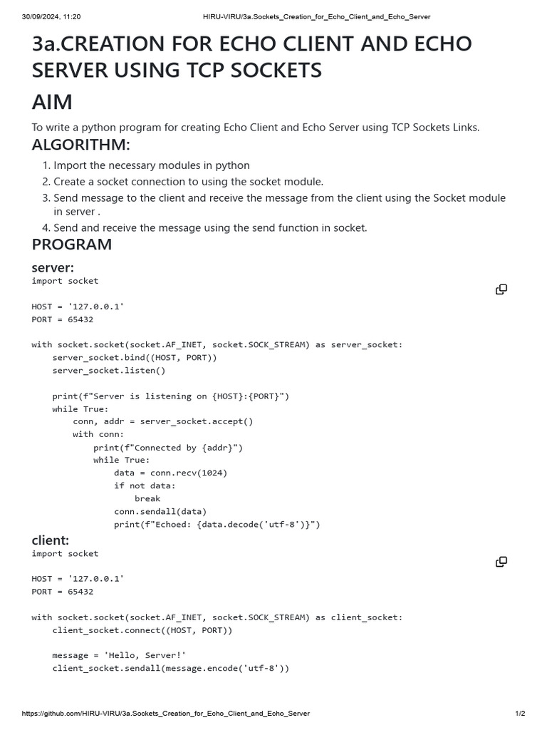 3a Creation For Echo Client And Echo Server Using Tcp Sockets Aim Pdf