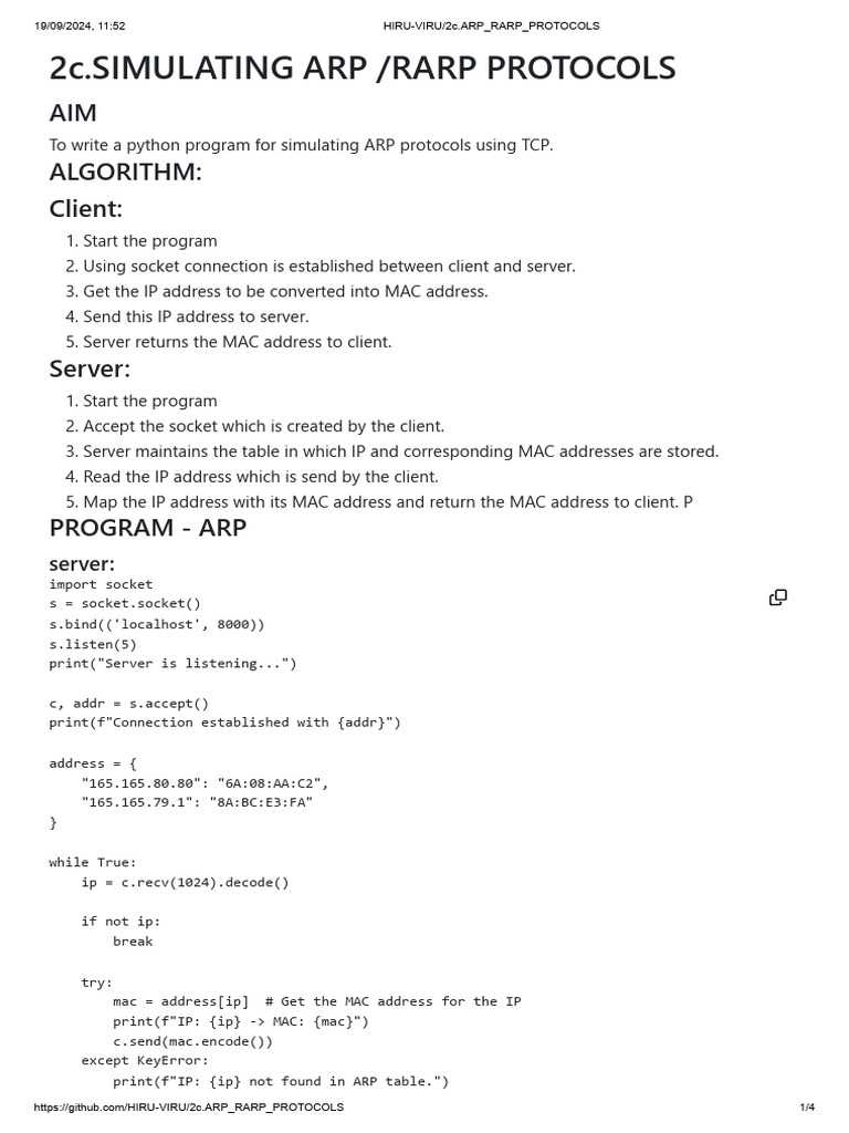 2C.Simulating Arp /rarp Protocols: AIM Algorithm: Client | PDF | Network Socket | Internet Protocols