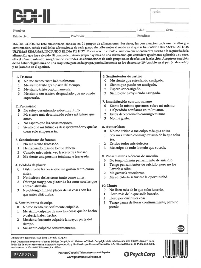 BDI II Inventario Depresion Beck II TEST | PDF