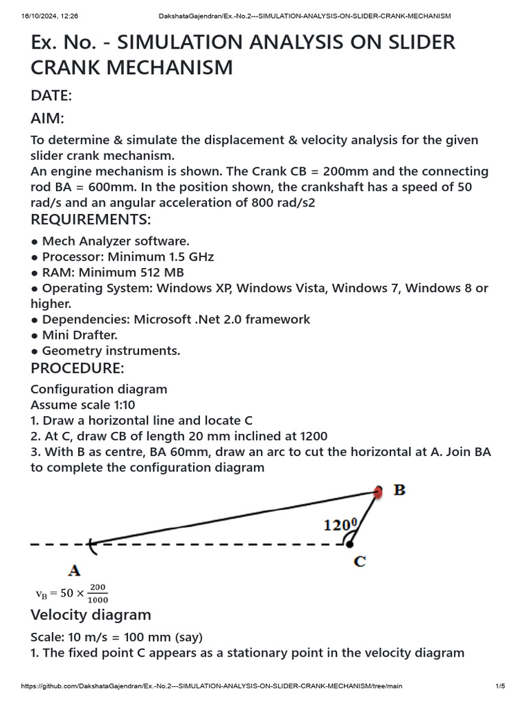 DakshataGajendran - Ex. No.2 - SIMULATION ANALYSIS ON SLIDER CRANK MECHANISM | PDF | Velocity ...