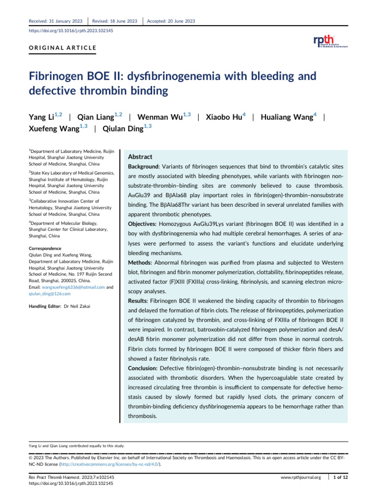 LG Fibrinogen BOE II - Dysfibrinogenemia With Bleeding and Defective Thrombin Binding | PDF ...
