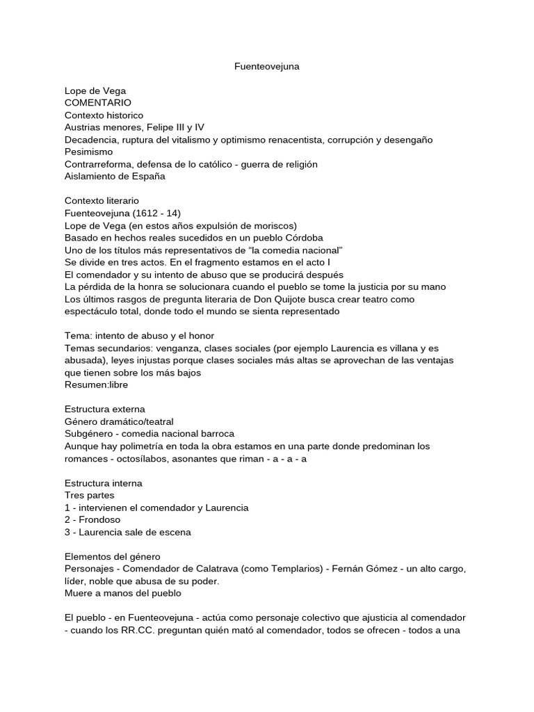 Análisis de "Fuenteovejuna" de Lope de Vega | PDF
