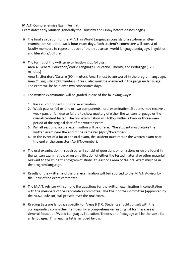 Mat Comprehensive Exam Format and Area A Reading List | PDF | Foreign ...