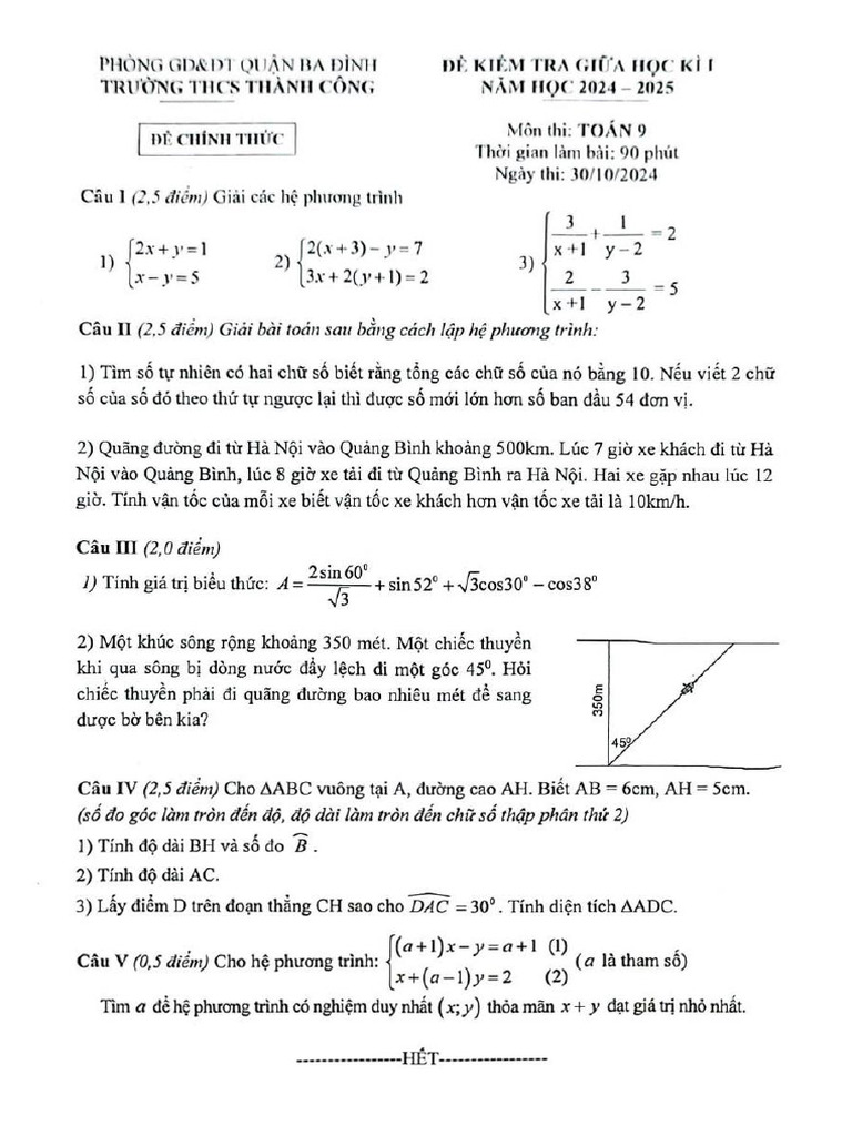 De Giua Hoc Ki 1 Toan 9 Nam 2024 2025 Truong Thcs Thanh Cong Ha Noi | PDF