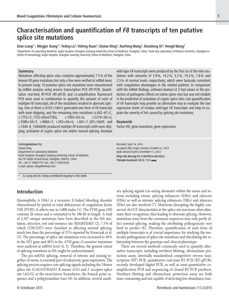 XX TH Characterization and Quantification of F8 Transcripts of Ten Putative Splice Site ...