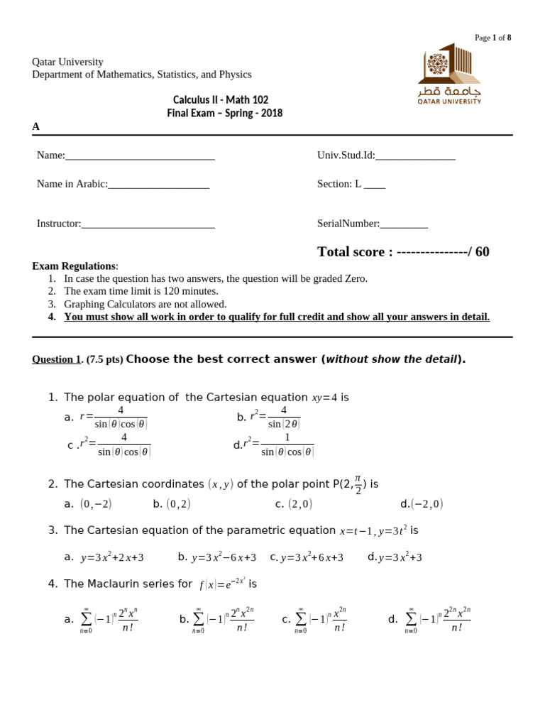 Calculus II Final Exam Spring 2018 | PDF | Equations | Coordinate System