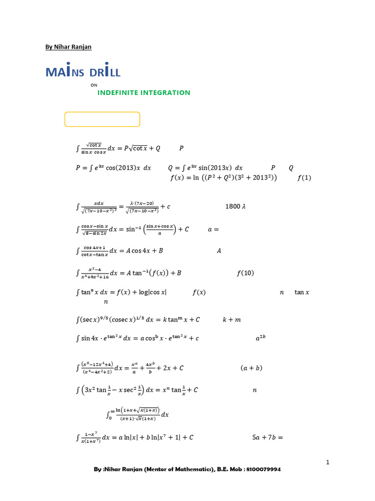 Mains Drill On Indefinite Integration Numerical Type | PDF | Arithmetic | Functions And Mappings