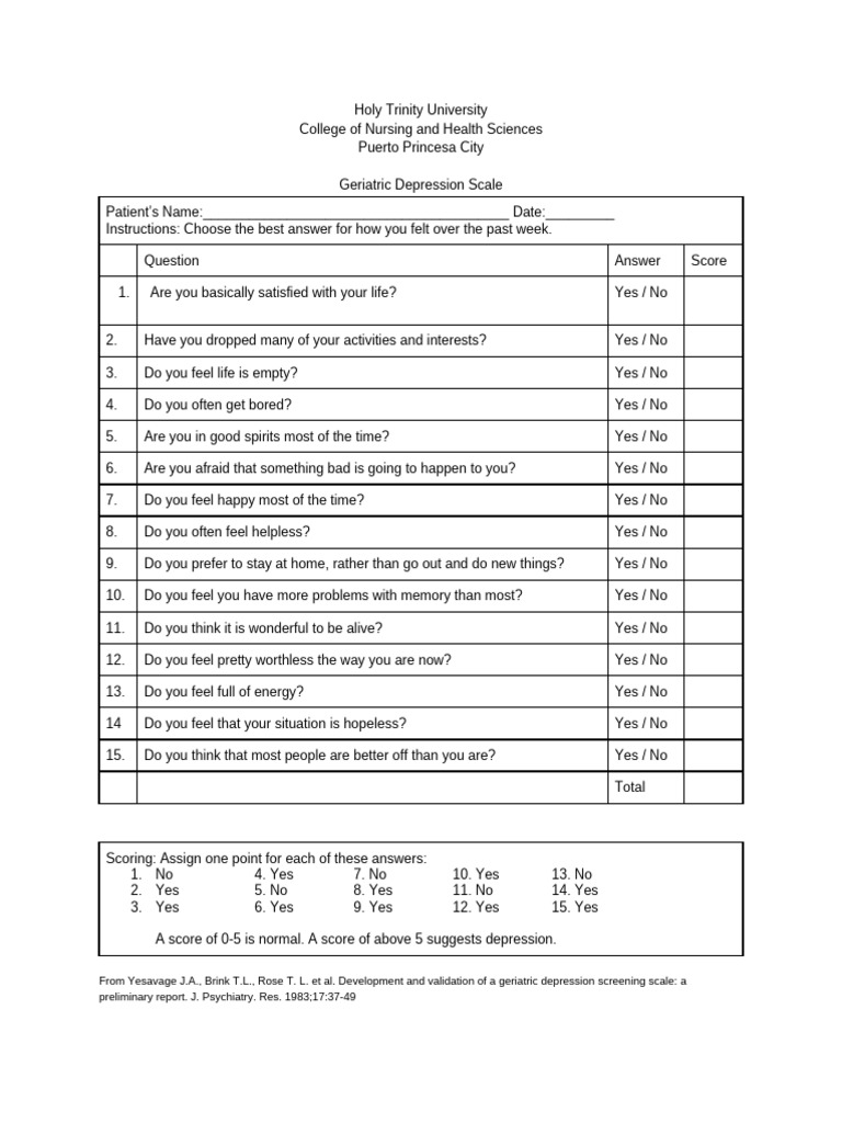 Geriatric Depression and Social Resource Assessment | PDF | Behavioural ...