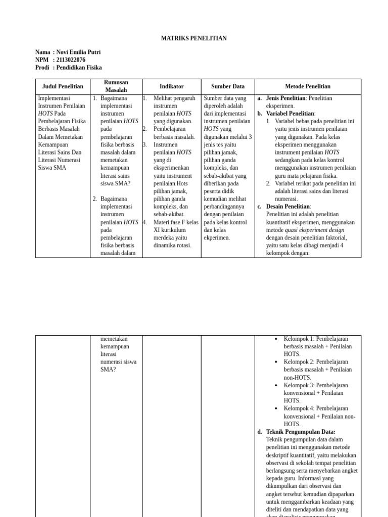 Matriks Penelitian Novi Emilia Putri | PDF | Sains & Matematika