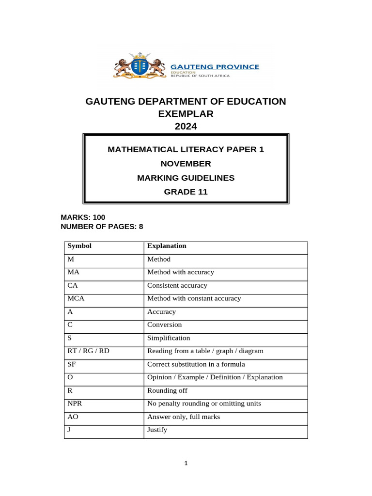 Math Lit Grade 11 P1 Nov Exam Exemplar Memo 2024 | PDF | Mathematics Math Lit Grade 11 P1 Nov Exam Exemplar Memo 2024 | PDF | Mathematics