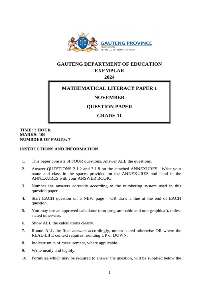 Math Lit Grade 11 P1 Nov Exam Exemplar 2024 | PDF | Interest Math Lit Grade 11 P1 Nov Exam Exemplar 2024 | PDF | Interest