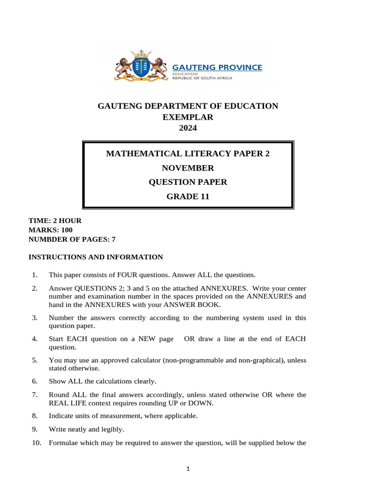 Grade 11 Maths Literacy November 2024 Paper 2 | PDF | Area | Length