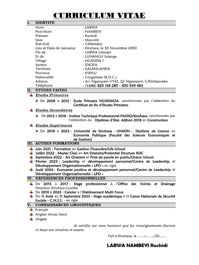CV de Rachidi Labwa Nambeiyi | PDF