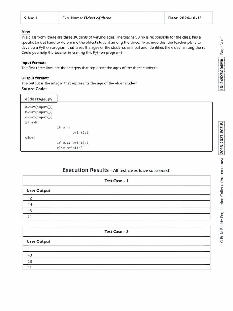 249X5A04M0 Python Programm Lab Record 2024-10-17 | PDF