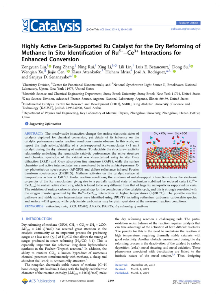 liu et al 2019 highly active ceria supported ru catalyst for the dry ...