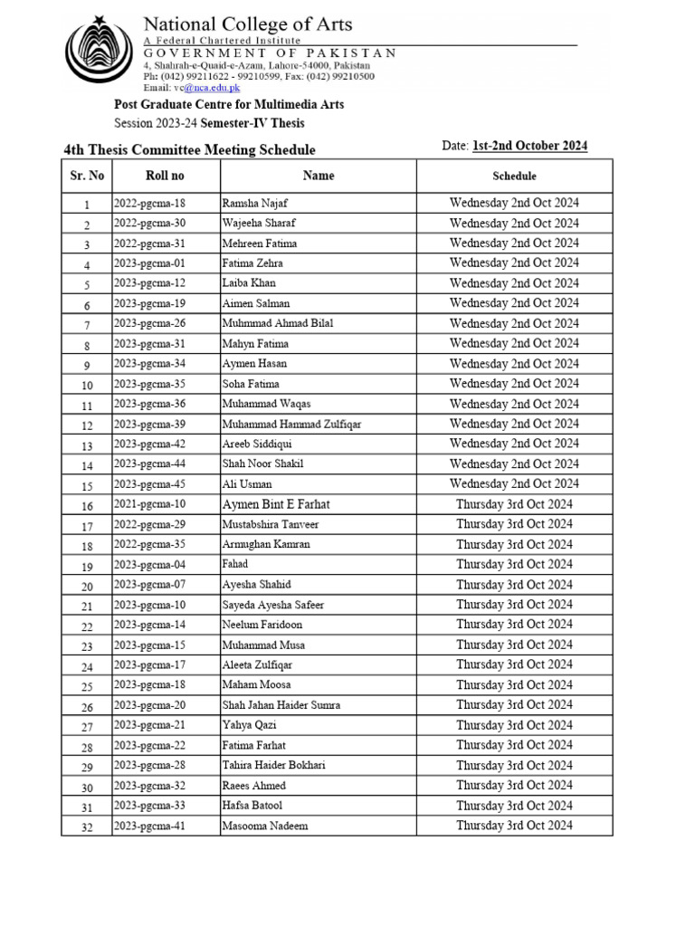 PGCMA Thesis Committee Meeting Schedule | PDF
