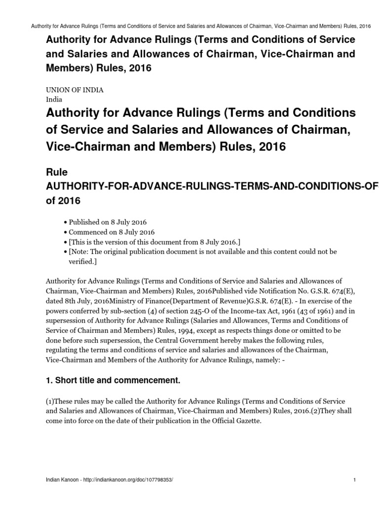 Authority For Advance Rulings Terms and Conditions of Service and ...
