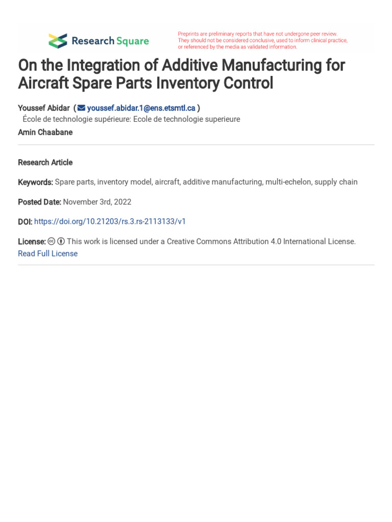 On The Integration of Additive Manufacturing For Aircraft Spare Parts ...