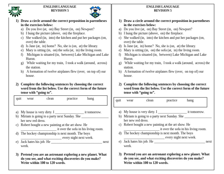 English Language Prepositions & Future Tense Exercises | PDF ...
