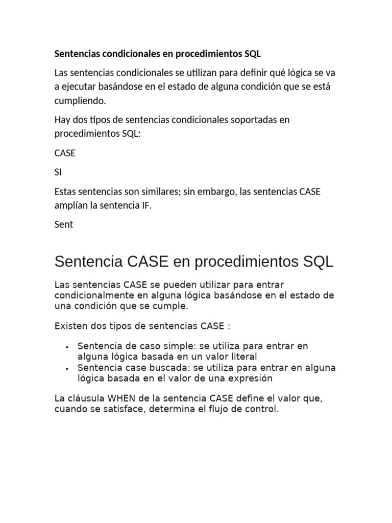 Procedimientos Almacenados Condicionales | PDF | SQL | Programación de computadoras