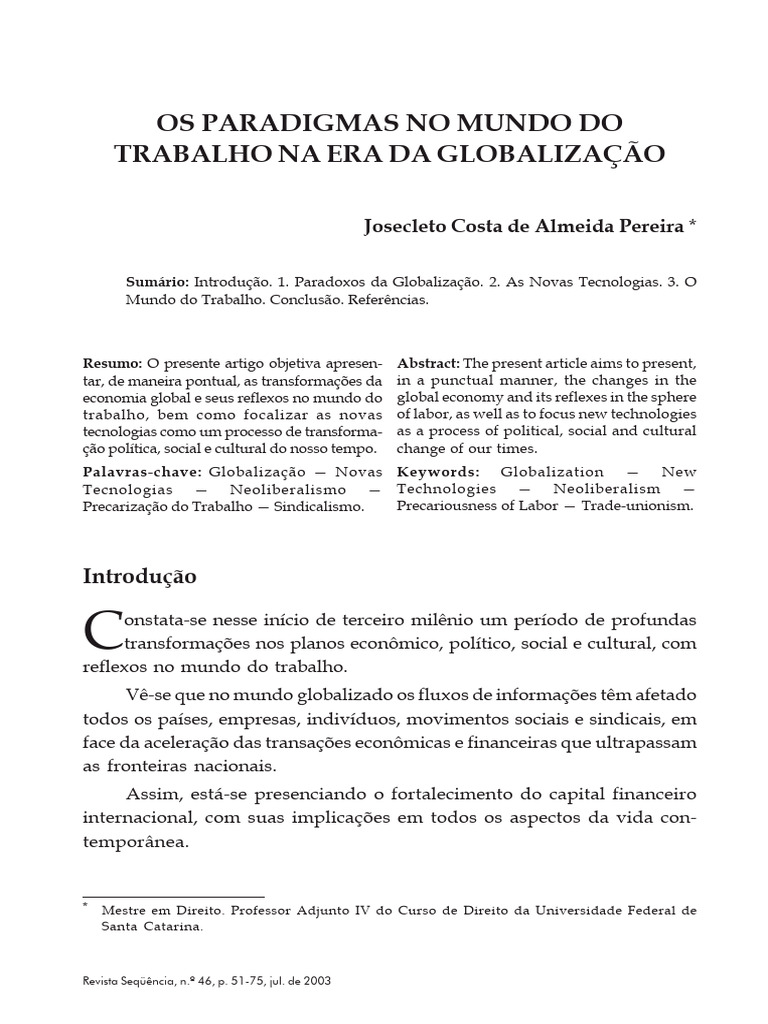 Os Paradigmas No Mundo Do Trabalho Na Era Da Globalização: Josecleto ...