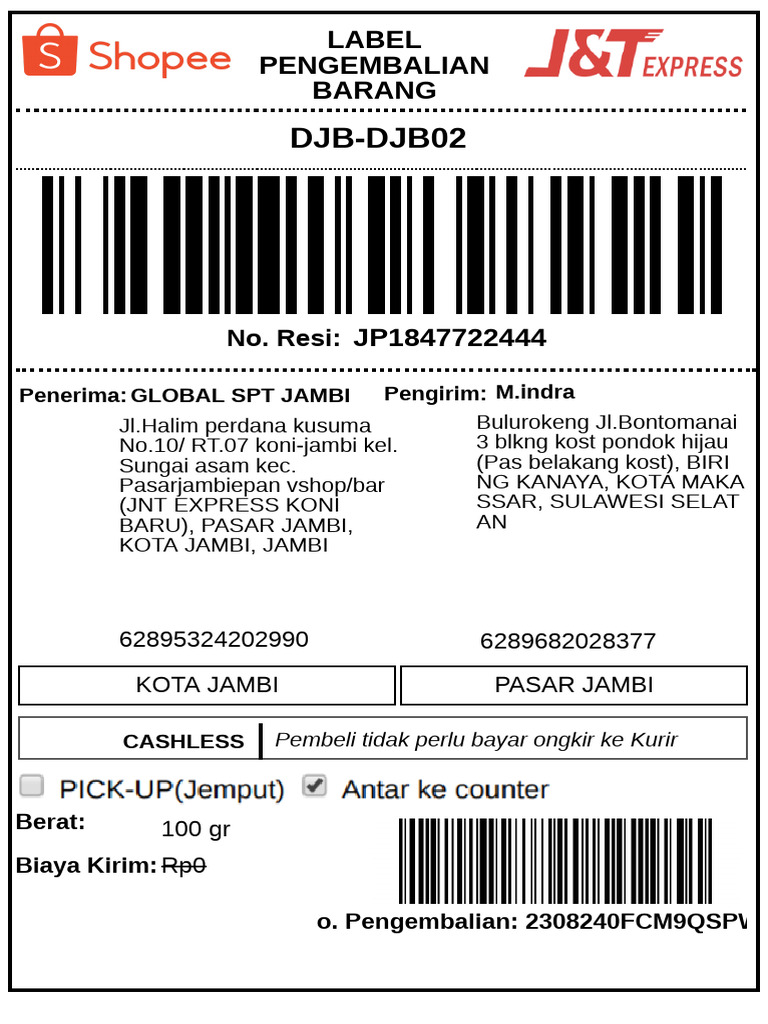 Label Pengembalian dan Ongkir JNT | PDF