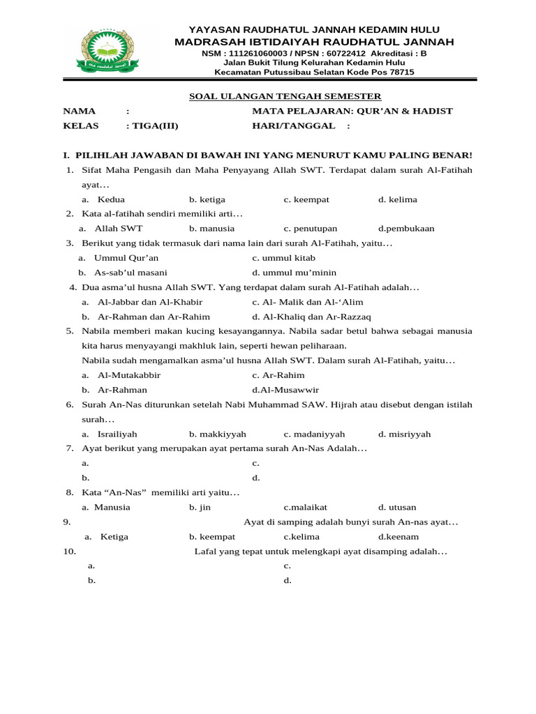 Soal QH Kelas 3 | PDF