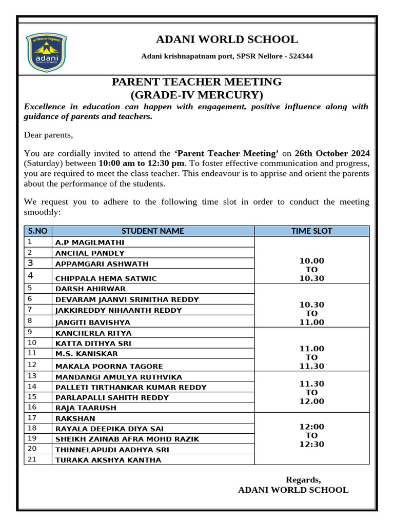 Grade 4 M PTM SLOTS 26TH OCTOBER 2024 | PDF