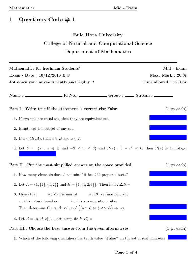 Freshman Mid Exam Mathematics | PDF | Syntax (Logic) | Mathematics