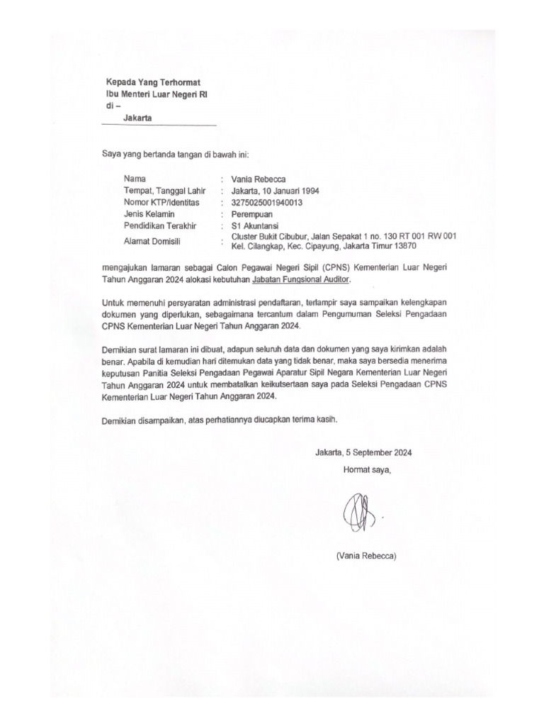 Formulir Surat Lamaran CPNS Kemlu TA 2024 | PDF