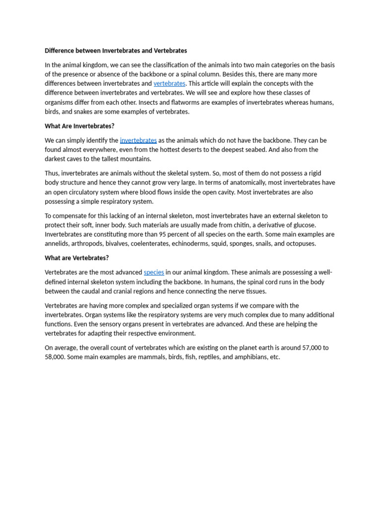 Difference Between Invertebrates and Vertebrates | PDF