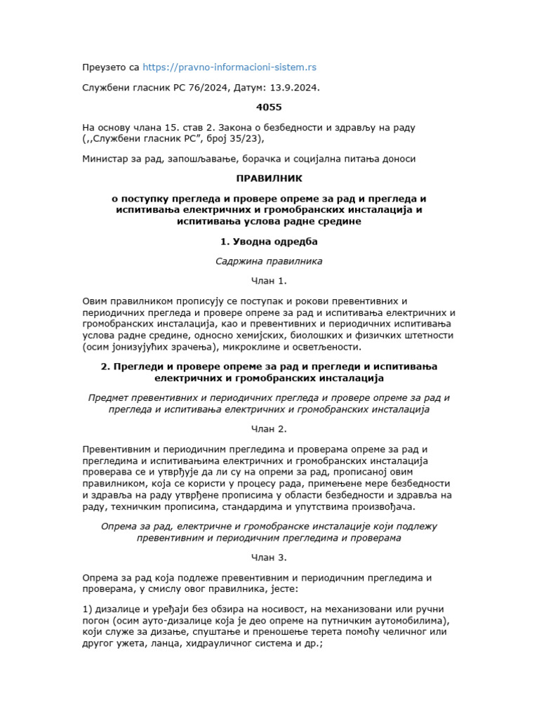 Pravilnik o Postupku Pregleda I Provere Opreme Za Rad I Pregleda I Ispitivanje Električnih I ...