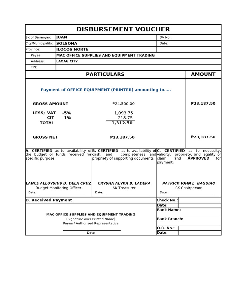 Disbursement Voucher for Office Equipment | PDF
