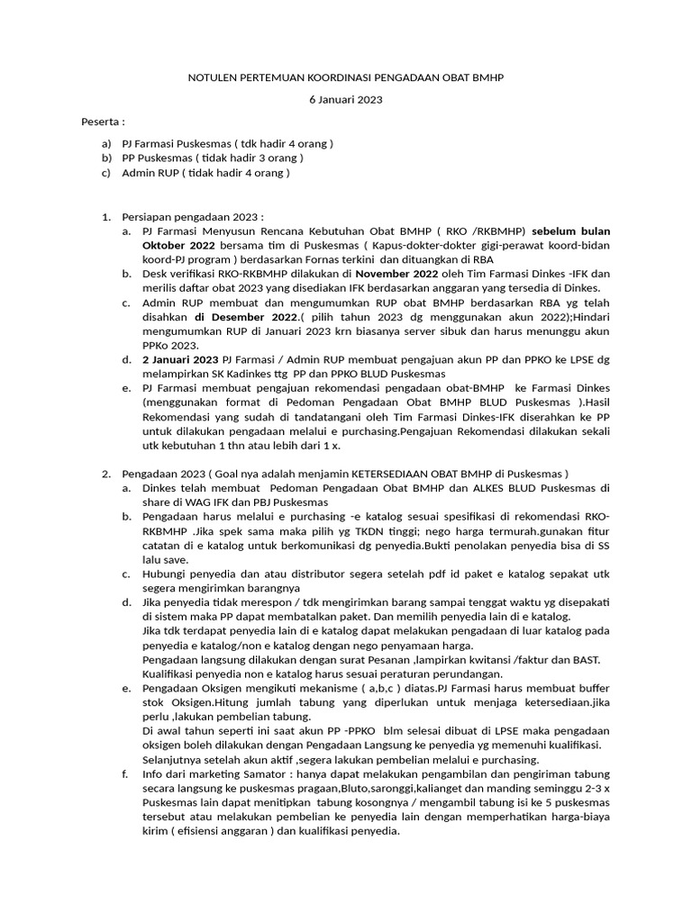 Notulen Pertemuan Koordinasi Pengadaan Obat BMHP 6 Jan 2023 | PDF | Bisnis | Teknologi & Rekayasa
