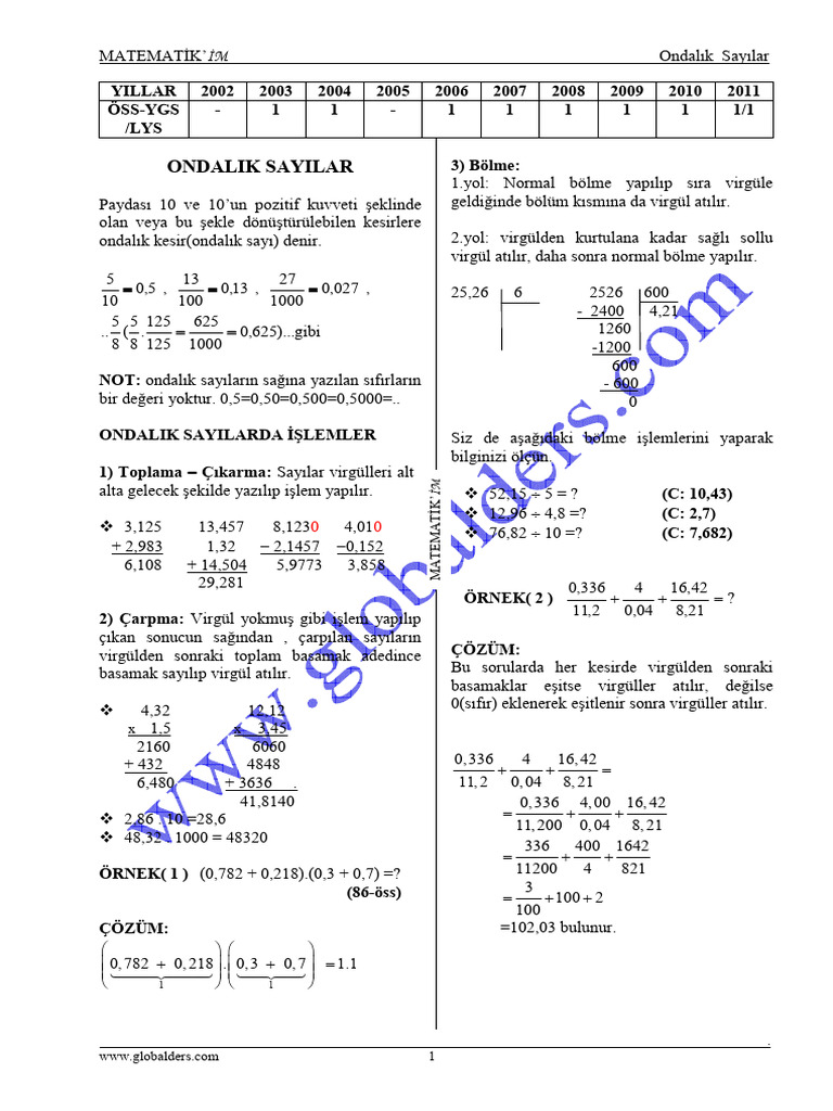 Mat-1 Konu Anlatim J - Ondalik Sayilar | PDF