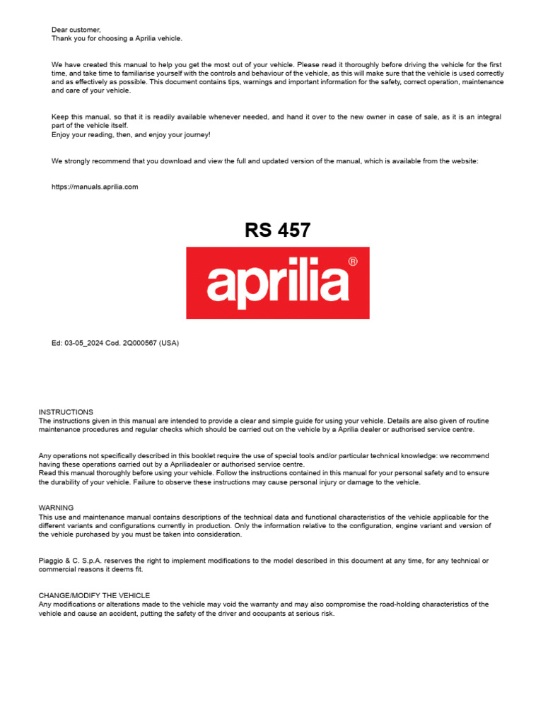 Rs 457 Owners Manual E5 Usa 2024 | PDF | Gasoline | Brake