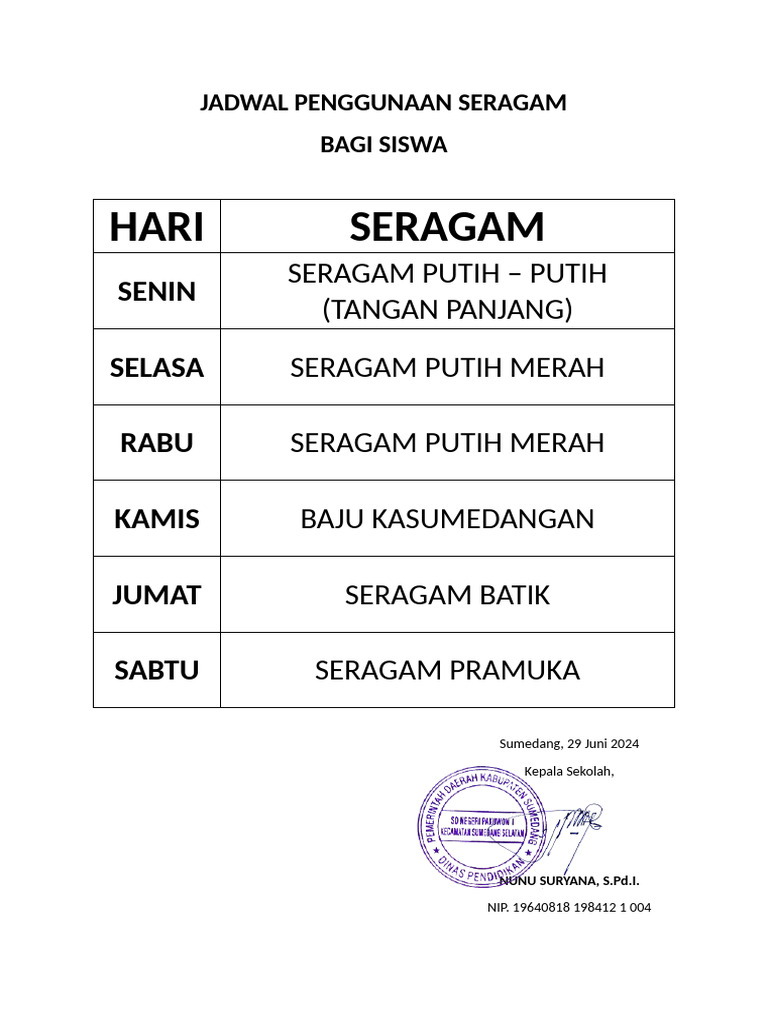 Jadwal Penggunaan Seragam | PDF