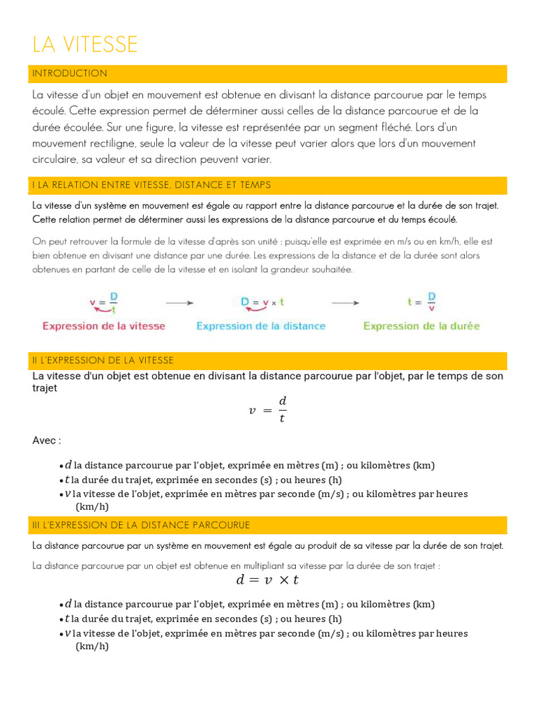 Vitesse, Distance et Temps : Formules clés | PDF | Vitesse | Mouvement ...
