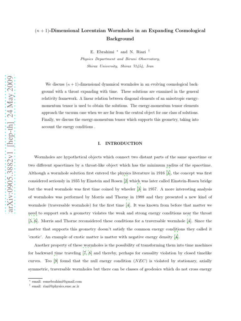 E. Ebrahimi and N. Riazi - (N + 1) - Dimensional Lorentzian Wormholes in An Expanding ...