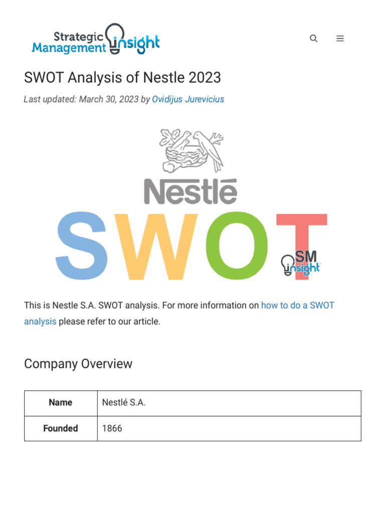 Nestle SWOT Analysis 2023 - SM Insight | PDF | Nestlé | Water