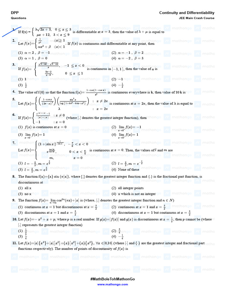 Question DPP Continuity and Differentiability JEE Main Crash Course MathonGo | PDF