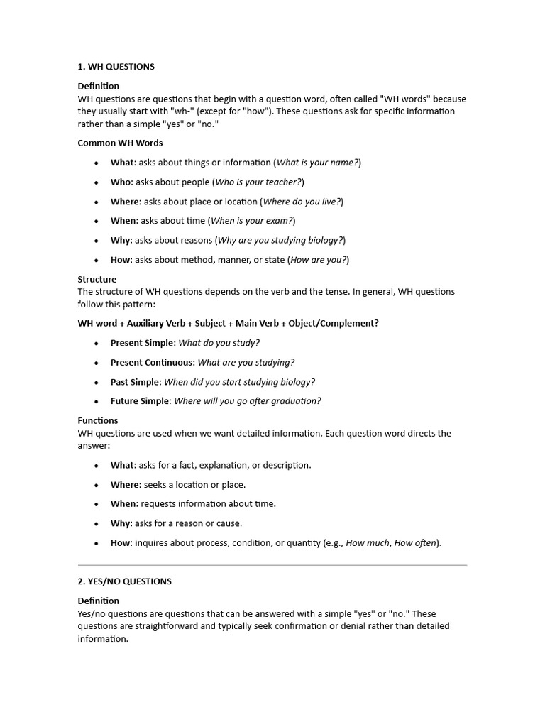 WH Questions and Yes No Questions | PDF | Question | Verb