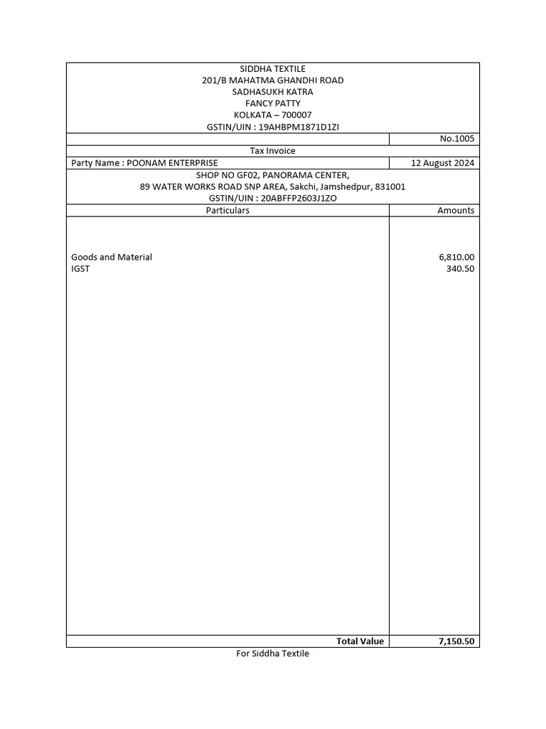 Invoice for Poonam Enterprise | PDF